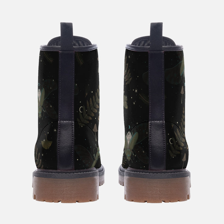 Insects in The Forest Print on Black Vegan Leather Combat Boots